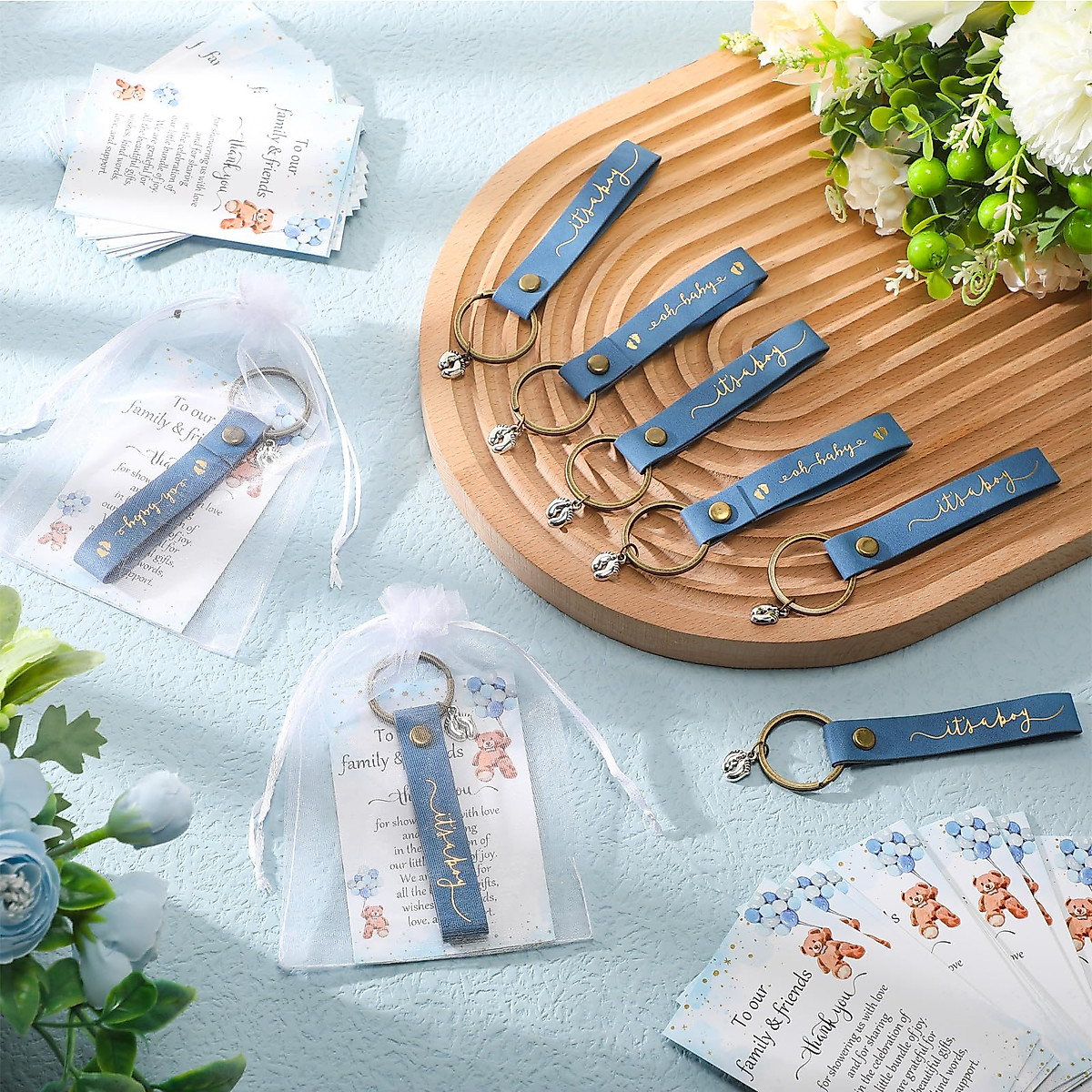 Ecally 50 Sets Baby Shower Favors for Guests PU Leather Keychain Bear Thank You Cards Organza Bags Gender Reveal Gifts (Blue, Boy Style)