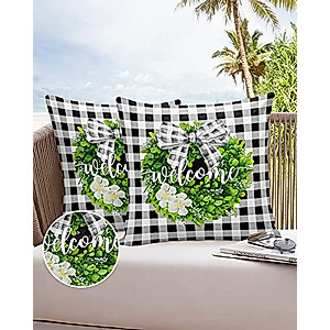 Outdoor Pillows 18x18 Waterproof Outdoor Pillow Covers Spring Green Wreath Boxwood Polyester Throw Pillow Covers Garden Cushion Decorative Case for Patio Couch Decoration Set of 2 Farmhouse Plaid