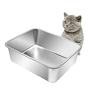 Kichwit Extra Large Stainless Steel Open Cat Litter Box with High Sides, Metal Litter Pan for Cat, 23.6 x 15.7 x 5.9 inches