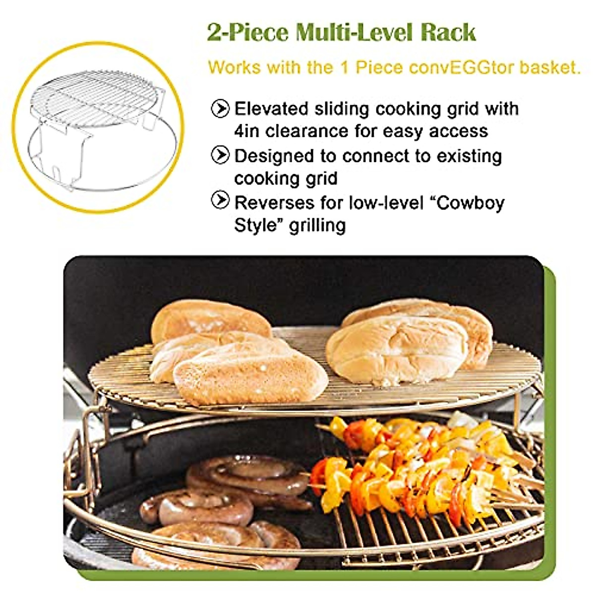 KAMaster 3 Tier 5 Piece EGGspander Replacement Kit for Large Big Green Egg,Stainless Steel Grill Stack Rack with Removable Cooking System,BBQ Grill Basket Grill Expander Rack Ultimate Set Fit L BGE