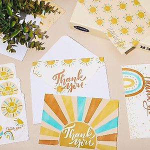 Whaline 30 Packs Boho Sun Thank You Cards Retro Sunshine Greeting Cards with Envelopes and Stickers Here Comes the Son Blank Note Cards for Baby Shower Birthday Party Supplies