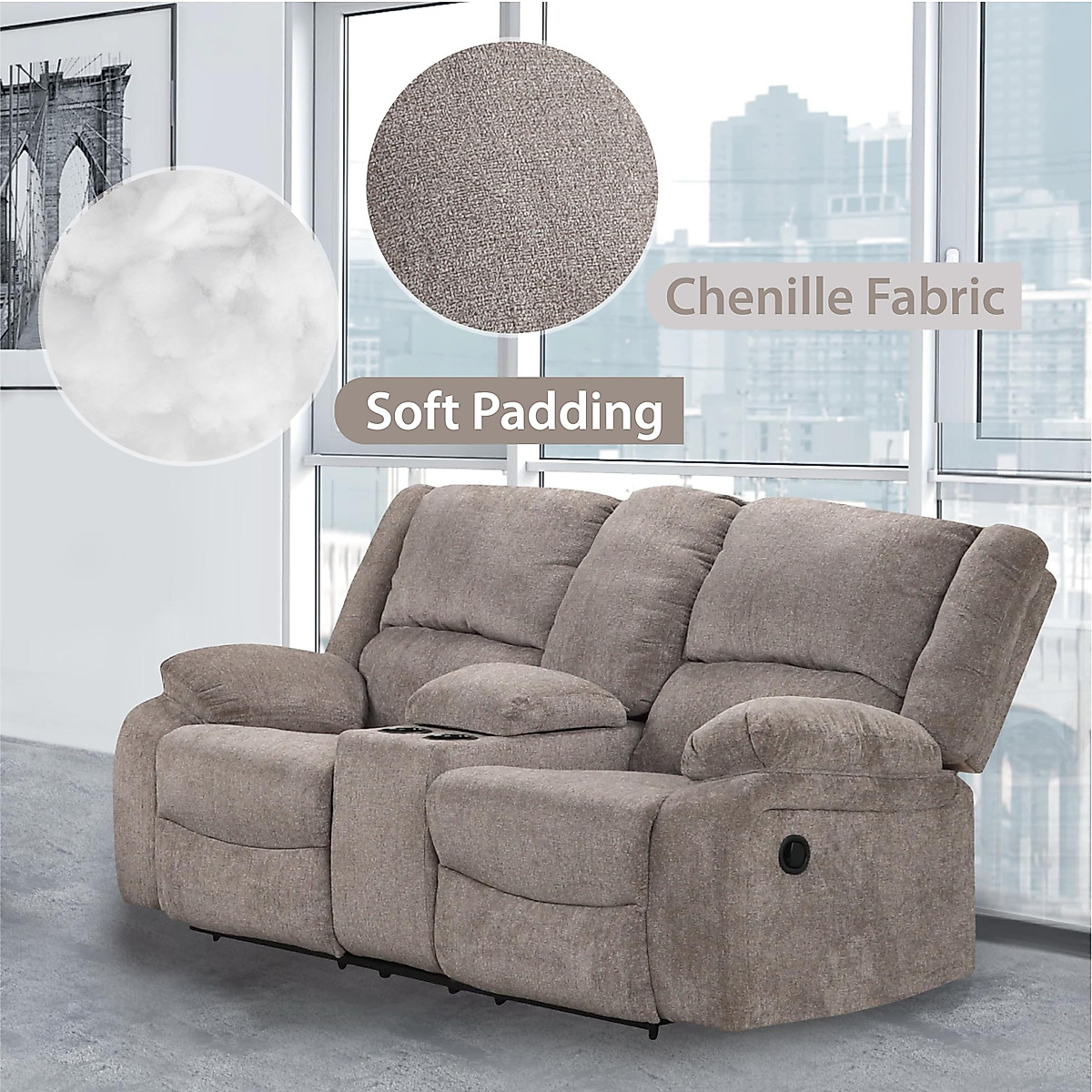 24/7 Shop at Home Joe Transitional Oversized Nursery Glider Chairs for Adults, Manual Comfy Reading Couch, Overstuffed Reclining Sofa, Adjustable Theater, Living Room, 2-Seat, Gray