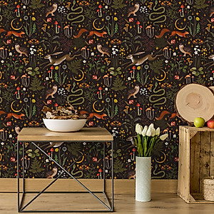VEELIKE Fairytale Forest Botanical Wallpaper Peel and Stick Dark Moon Stars Floral Wallpaper for Bedroom Nursery Removable Woodland Wallpaper 17.7''x118'' Self Adhesive Contact Paper for Walls Cabinet