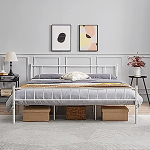Yaheetech King Size Metal Bed Frame with Headboard and Footboard Platform Bed Frame with Storage No Box Spring Needed Mattress Foundation for Adults White