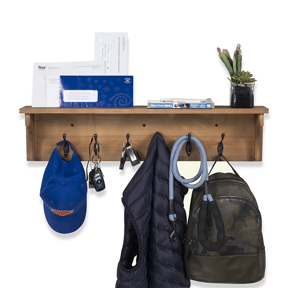 brightmaison Mante Entryway Organizer with Key Holder and Coat Rack, 6 Hooks For Hanging Face Masks, 30" Wood Walnut