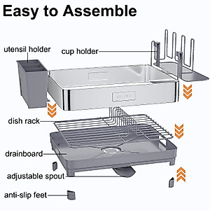 IBUYKE Stainless Steel Dish Drying Rack,Rust Resistan Dish Racks for Kitchen Counter,Dish drainers with 360° Rotatable Spout and Removable Flatware Caddy,Silver Gray TDS002G