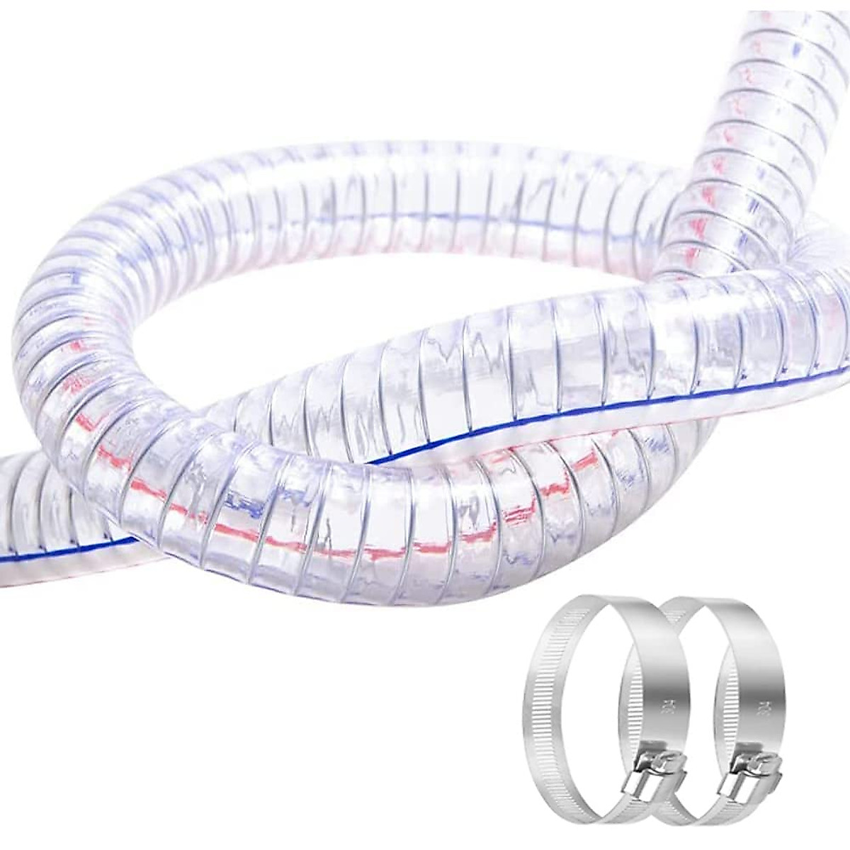QuQuyi 3/4" ID x 1" OD, 1FT length Steel Wire Hose PVC Vacuum Tubing (with 2 Stainless Clamps), Drain Hose Vinyl Suction Tubing Flexible Tube Vinyl Hose Line