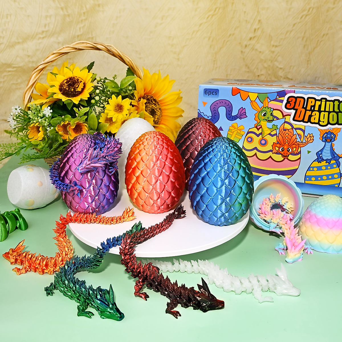 Impossmaker 6PCS 3D Printed Easter Dragon Eggs with 3D Printed Dragon Inside, Easter Basket Stuffers Mini Dragon Egg Set Articulated Crystal Dragon Fidget Toy for Adults Teens