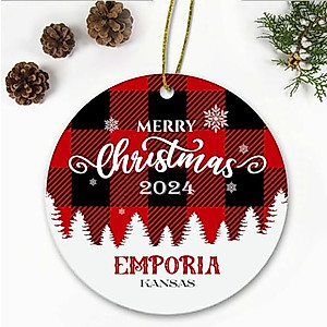 Merry Christmas Emporia Kansas Ornament 2024 - Xmas Holiday Keepsake for Decor Emporia KS Ornament Souvenir Gift Family Friends - New Home Ornament 3" Plastic
