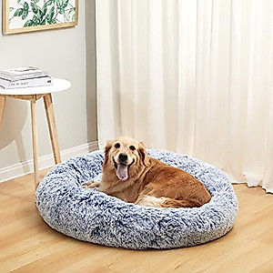Bedfolks Calming Donut Dog Bed, 36 Inches Round Fluffy Dog Beds for Large Dogs, Anti-Anxiety Plush Dog Bed, Machine Washable Pet Bed (Navy Blue, Large)