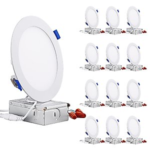 TORCHSTAR Basic Series 12-Pack 6 Inch Ultra-Thin LED Recessed Lighting with Junction Box, Aluminum, 2700K Soft White, 5%-100% Dimmable Slim Recessed Downlight, 12W 850LM, ETL and Energy Star