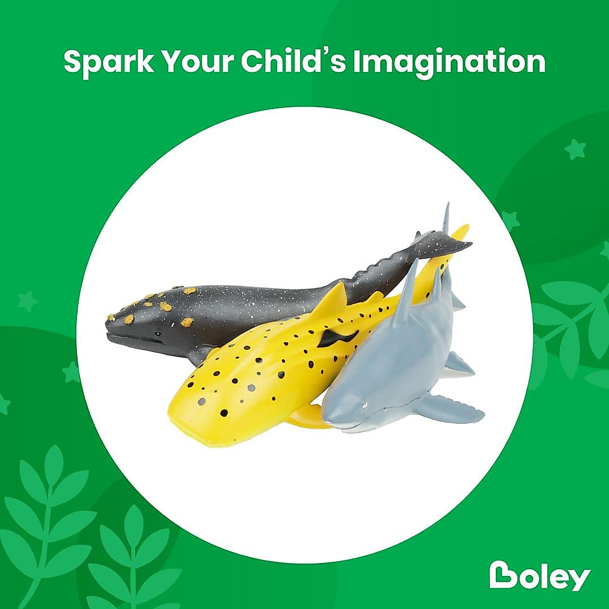 Boley Great Sea Creatures 8-Pack: 7-10" Soft Plastic Ocean Animal Figurines - Realistic Shark, Whale, Dolphin Toys - Educational & Sensory Playset for Kids, Party Favors, Classroom Supplies