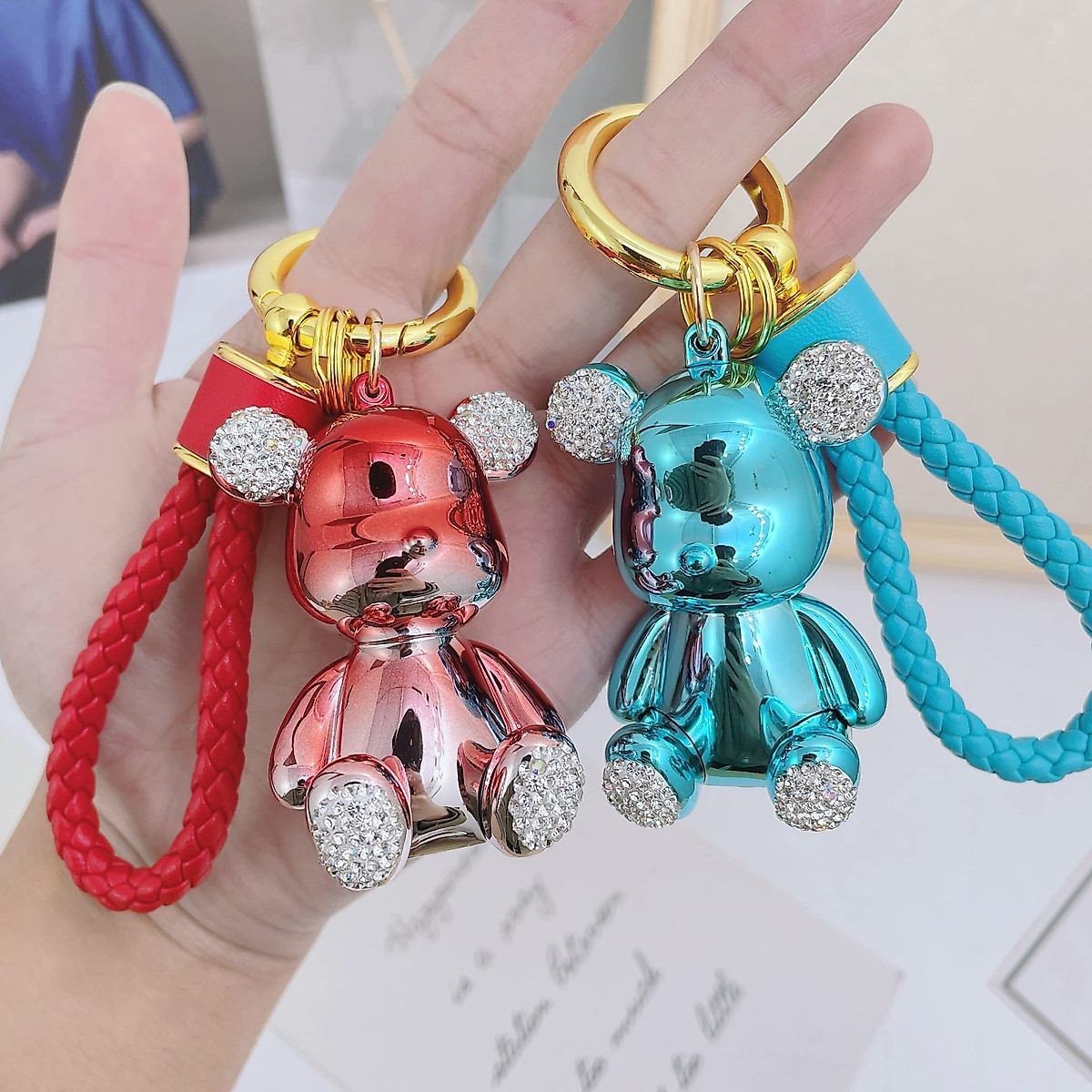 Cute Keychain Diamond Bear Accessories Kawaii Car Key Chain Bag Charm Pendant Wristlet Key Ring for Women Girl (Pink Gold)