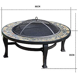 LEAYAN Garden Fire Pit Grill Bowl Grill Barbecue Rack Black Outdoor Fire Pit, Round 34" Natural Slate Top with Spark Screen Cover for Backyard Patio with Cover BBQ Cooking for Camping Backyard