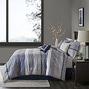 Madison Park Luxury Comforter Set-Traditional Jacquard Design All Season Down Alternative Bedding, Matching Bedskirt, Decorative Pillows, Queen(90"x90"), Rhapsody, Geometric Navy 7 Piece