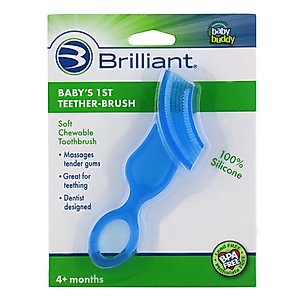 Brilliant Oral Care Baby’s First Toothbrush, Smooth Silicone Bristles Gently Clean Tender Teeth and Gums, for Ages 4+ Months, Blue, 1 Pack