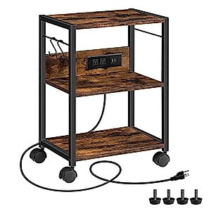 ALLOSWELL 3-Tier Mobile Printer Stand, Rolling Cart with Power Outlets and USB Ports, Industrial Printer Cart, Home Utility Storage Rack with 2 Hooks, for Office, Living Room, Rustic Brown PTHR40E01