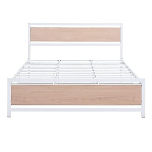 UBGO Queen Size Platform Bed with Headboard and Footboard,Metal and Wood Bed Frame,No Box Spring Needed,for Kids, Teens, Girls, Boys,Bedroom Furniture-White