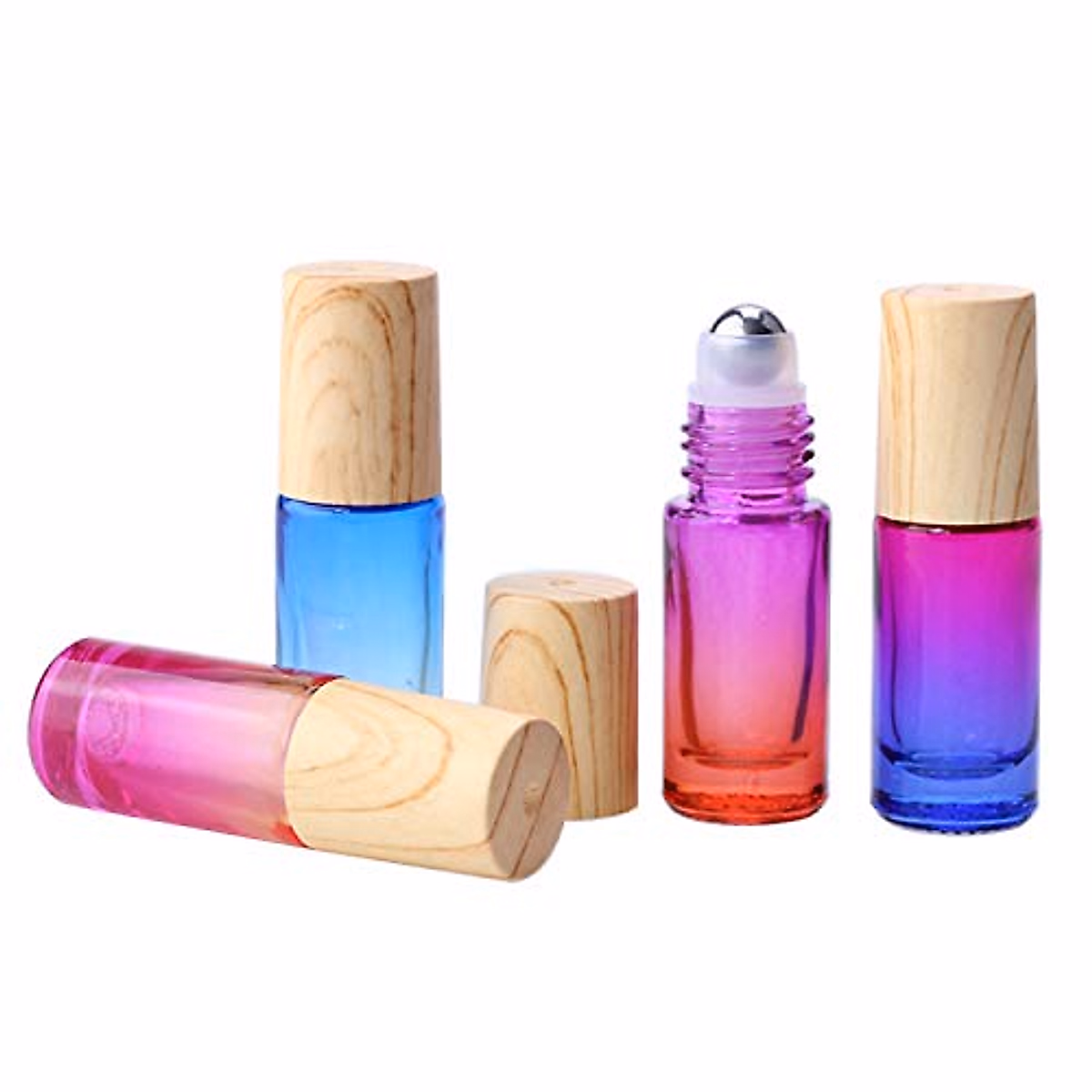 5pcs 5ml(1/6 oz) Essential Oil Roller Bottles,Metal Roller Balls Colorful Gradient Oils Roll on Bottles with Wood Grain Cap Glass Empty Refillable Fragrance Perfume Essential Oil Glass Roller Bottles