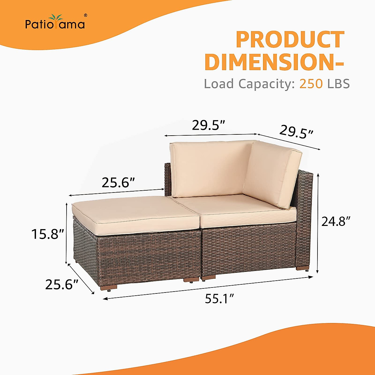 Patiorama 2-Piece Patio Furniture Sofa Set, Outdoor Sectional Sofa, All-Weather Brown PE Wicker Rattan Conversation Set, Outdoor Loveseat, Patio Seating for Balcony Garden Pool (Beige Cushion)