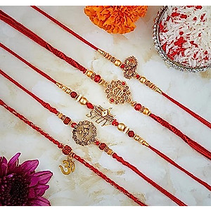 Eximious India Set of 5 Rakhi For Brother With Card Metal Pendant For Raksha Bandhan Designer Rakhi Thread for Bhaiya (Set of 5-3)