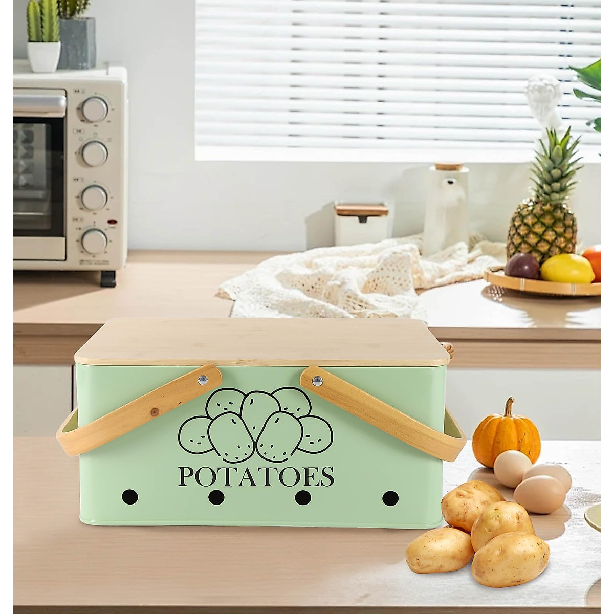 Xbopetda Potato Storage for Pantry, Metal Potato Storage Box with Bamboo Lid and Handle, Potato Bin Onion Storage with Aerating Holes, Kitchen Counter Organizer Container for Potato Onion Garlic-Green