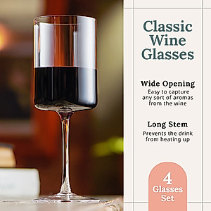 Square Wine Glasses Set of 4 – 14oz Crystal Wine Glasses – Elegant & Modern Long Stem Wine Glasses for White & Red Wine – Hand-Blown Lead-Free Large Wine Glass