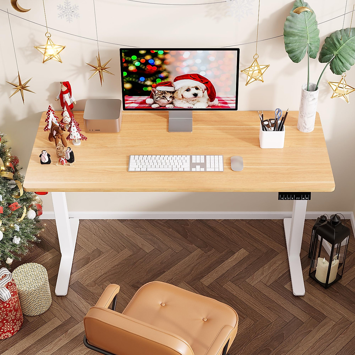 Walsunny Electric Height Adjustable Standing Desk, 55 x 24 Inches Splice Board, Sit Stand Up Computer Table, Computer Workstations for Home Office, White Frame/Walnut Top