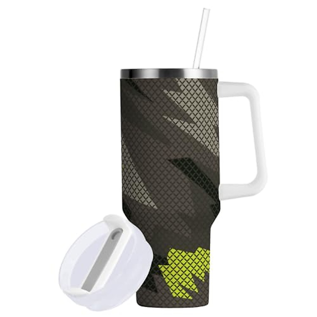 GKCLOCK 40 oz Tumbler with Handle and Straws, Insulated Reusable Stainless Steel Travel Coffee Mug Water Bottle for Office & Outdoor, Cupholder Friendly (Green Camouflage Style)