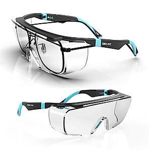 DEX FIT Safety Work Over Glasses SG210 OTG; Z87 Eye Protection for Men & Women, Fog & Scratch Resistant, Adjustable, UV Block (Black & Blue Frame, Clear Lens)