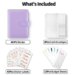 Sooez Money Organizer for Cash, A6 Budget Binder with Zipper Envelopes, Rose Gold Sticky Labels & Extra Thick Expense Sheets,Money Saving Binder Budget Book with Cash Envelopes for Budgeting, Purple