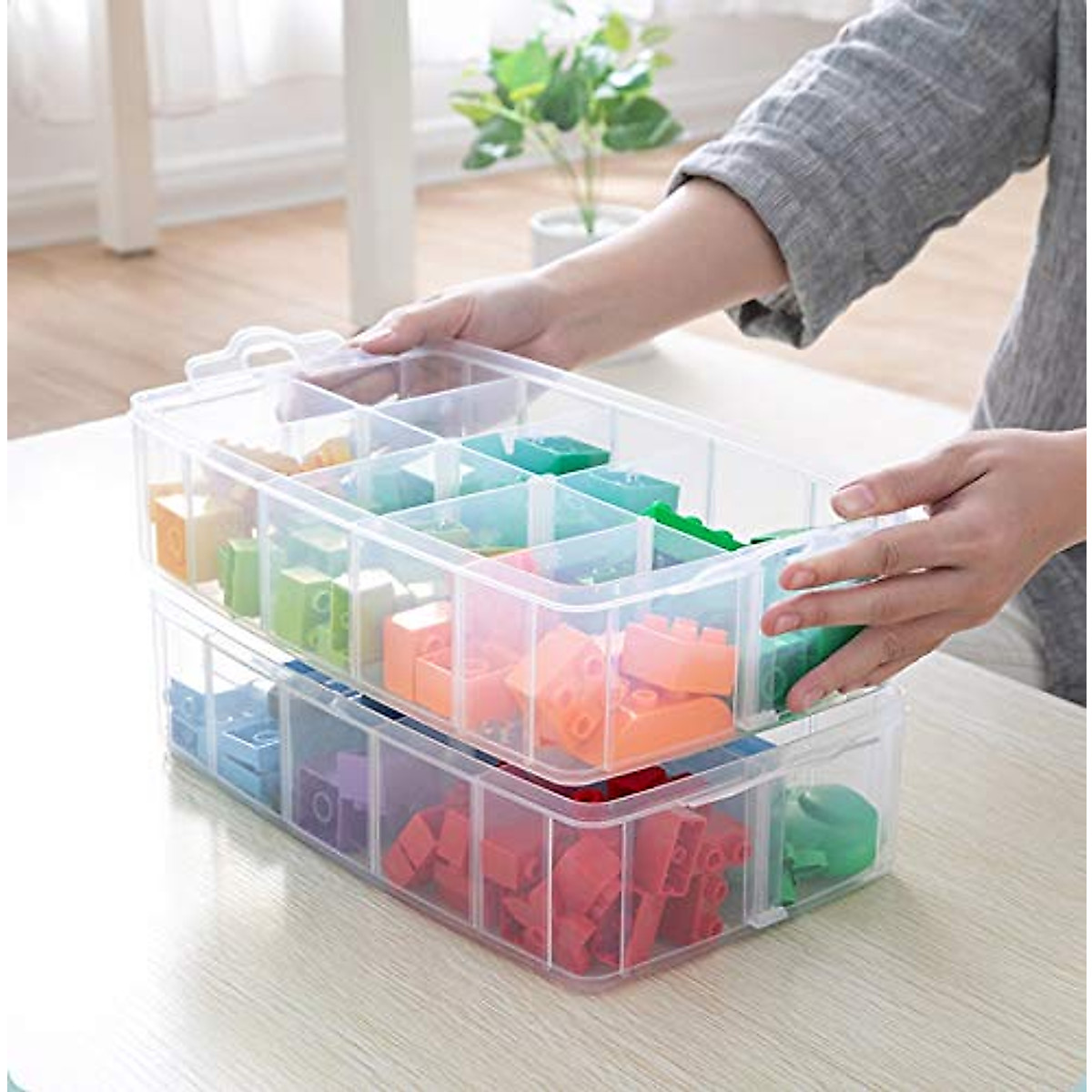 Sooyee 5 Layers Stackable Storage Container Clear 50 Adjustable Compartments,Compatible with Small Toys Arts and Crafts Piping Tips Hardware Storage Organizer