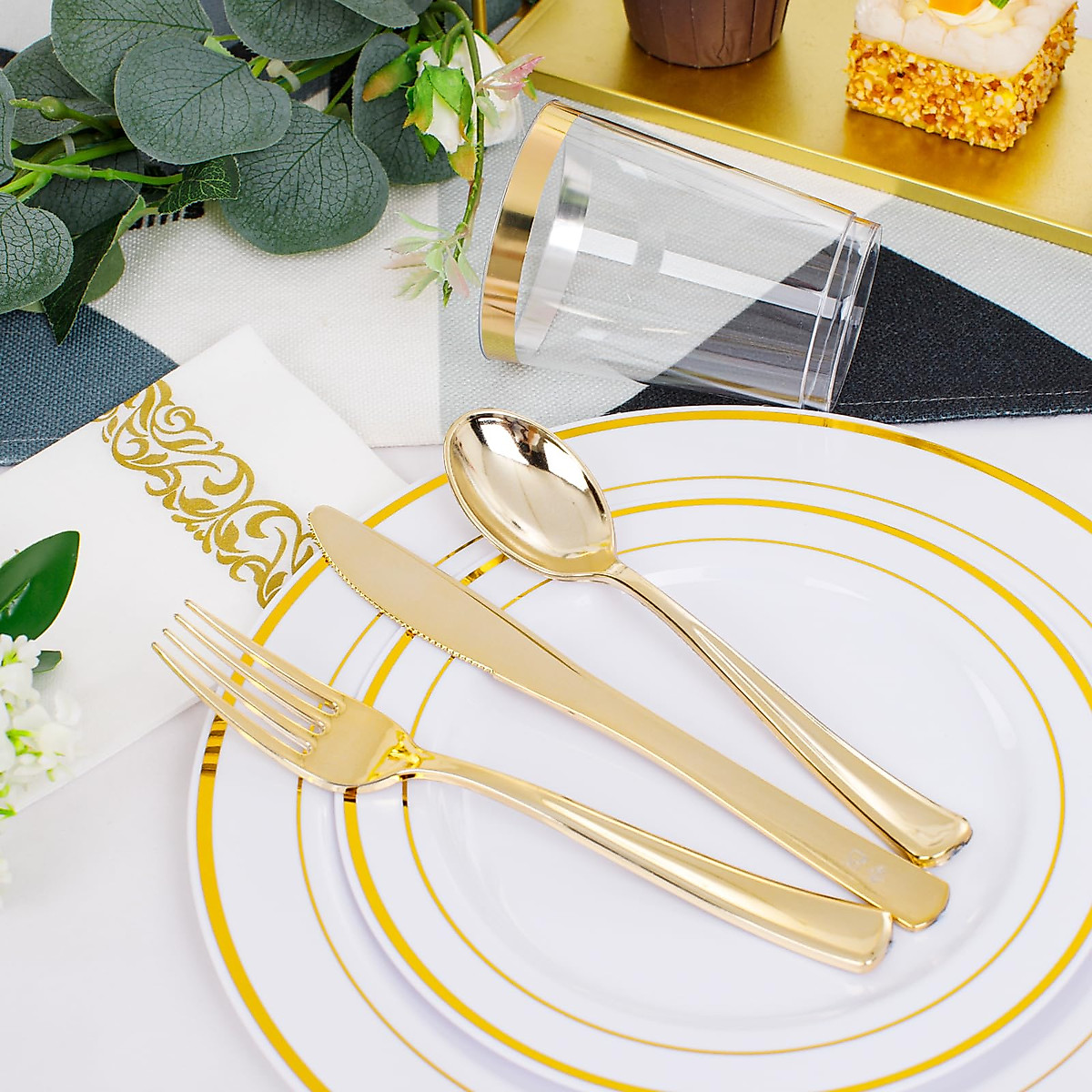 WDF 120 pieces Gold Disposable Plastic Plates - White and Gold Plates Include 10.25" Dinner Plates & 7.5" Salad Plates for Weddings and Party
