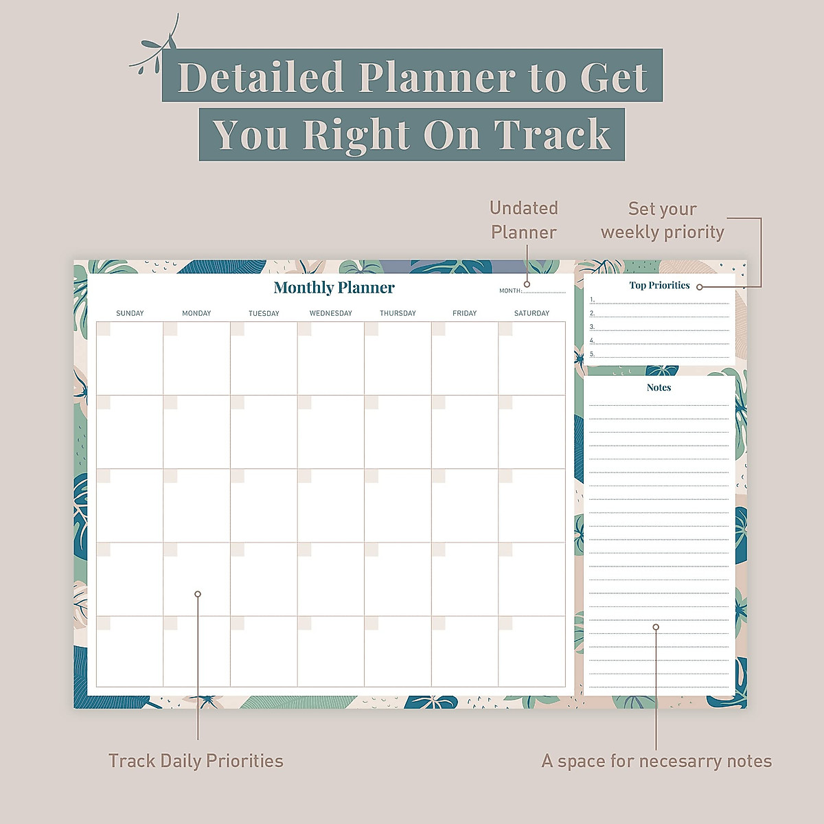 Rileys & Co Monthly Planner Desk Pad, Undated Planner Calendar with 52 Tearaway Sheets, Wide To Do Planner Notepad with Top Priorities and Notes, 16.5 x 11.4 Inches (Floral)