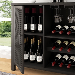 IBF Black Coffee Bar Cabinet, Liquor Cabinet with Wine Rack Storage, Industrial Kitchen Buffet Cabinet for Liquor and Coffee, Farmhouse Wine Cabinet for Home Living Dining Room, Black Oak, 55 Inch