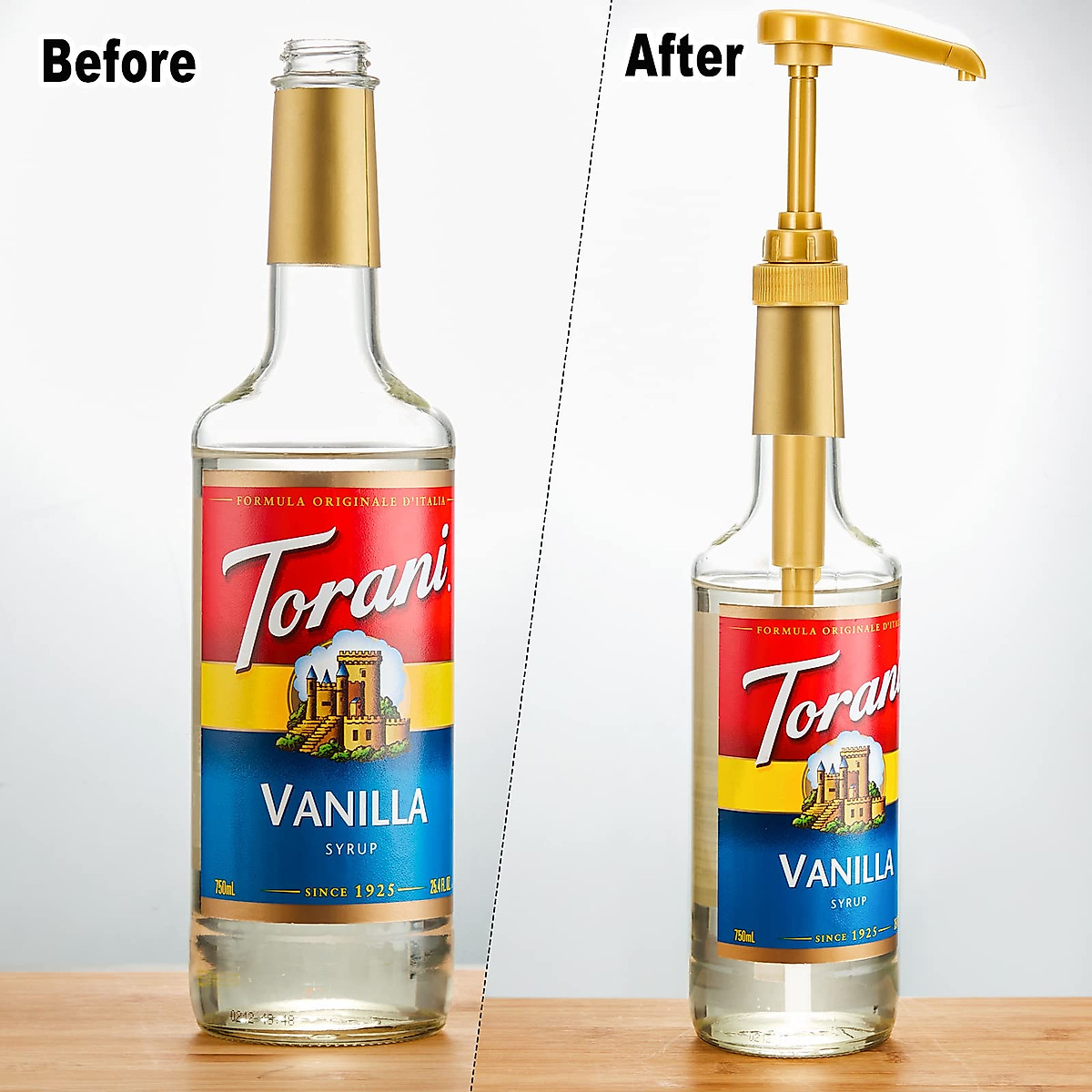 5 Pieces Syrup Pump, Coffee Syrup Dispenser Pump, Syrup Pump Dispenser Flavor Syrup Pump Caramel Syrup Pump Replacement Fits 750ml-1L Bottles for Coffee Syrup, Flavorings (Gold)