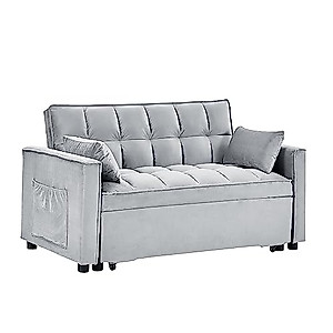 YOUMU Sleeper Sofa Couch w/Pull Out Bed, 55" Modern Velvet Convertible Sleeper Sofa Bed, Small Love seat Sofa Bed w/Pillows & Side Pockets for Small Space, Living Room, Apartment (Grey,55")
