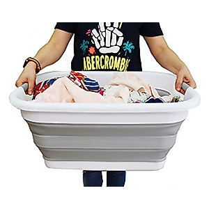 SAMMART 41L Set of 2 Collapsible Plastic Laundry Basket - Foldable Pop Up Storage Container/Organizer - Portable Washing Tub - Space Saving Hamper/Basket (2, White/Grey)