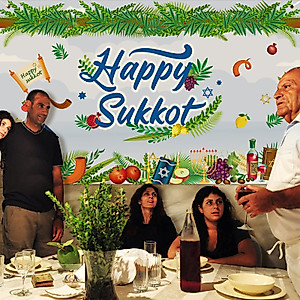 Newwiee Happy Sukkot Party Banner 71 x 43 Inch Sukkot Backdrop Banner Sukkah Decoration Etrog Lulav Jewish Tapestry Decorations Photography Background Wall Decoration for Photo Booth Wedding Birthday