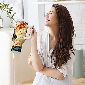 Jihqo Retro Skeleton Motorcycle 40 oz Stainless Steel Vacuum Insulated Tumbler with Handle and Straw Lid, Leakproof Water Bottle Double Wall Travel Mug Coffee Cup, Cupholder Friendly