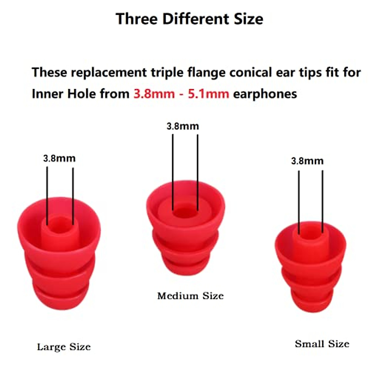 Silicone Ear Tips Triple Flange Replacement Ear Tips Three Flange Noise-Isolation Eartips Fit for Inner Hole from 4mm - 5.1mm Earphones 9 Pairs S/M/L Red