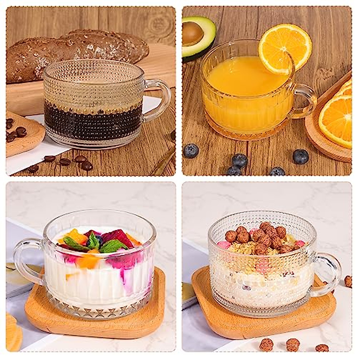 Moretoes 6pcs 14oz Glass Vintage Coffee Mugs Set, Glass Iced Coffee Cups with lids and Spoons, Clear Embossed Aesthetic Mugs Cute Drinking Glasses for Latte, Cappuccino, Oat