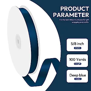 Quhora 5/8" x 100 Yards Satin Ribbon - Deep Blue Silk Ribbon with Spool - Ideal for Gift Wrapping, Floral Bouquets, Crafts, Wedding Party Decorations, Christmas and Sewing Projects