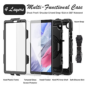 BASE MALL Case for Samsung Galaxy Tab A7 Lite 8.7-inch Tablet Case 2021 [with Tempered Glass Screen Protector], Rotatable Kickstand, S Pen Holder, Hand/Shoulder Strap (Black)