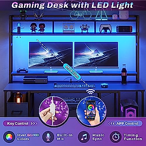 SEDETA Gaming Computer Desk, 55" Gaming Desk with LED Lights and Hutch, Computer Desk with Drawer, Power Outlet, Storage Shelves and Monitor Stand, Home Office Desk, Gamer Desk PC Table, Black