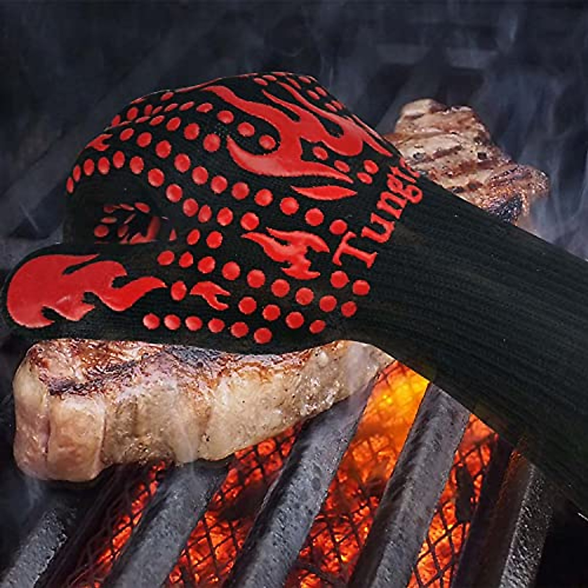 Turkey Fryer BBQ Heat Resistant Gloves, Cooking Gloves, Oven Gloves 1472℉,14Inch, Heat Resistant, Grill Gloves, Silicone Non-Slip Cooking Gloves for Cooking, Grilling, Baking, Welding, (Large, Red)