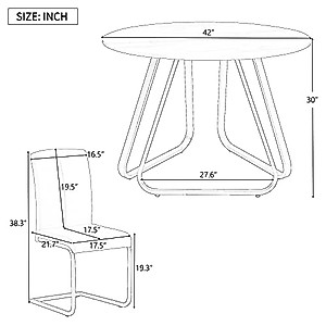 Pvillez Modern 5-Piece Round Dining Table with 4 Dining Chairs Set for Small Space, Faux Marble Dining Table with Gold Metal Leg and Printed Marble Top for Dining Coffee, Space Saving