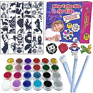 Temporary Glitter Tattoo Kit For Kids -, Dinosaur Butterfly Fake Tattoo Make Up Art Kits For Boys and Girls, DIY Creative Waterproof Tattoos with 90sheets Tat Stickers 24 Glitter Box and 3 Brush