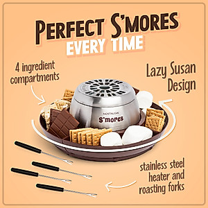 Nostalgia Electric S'mores Maker, Tabletop Indoor Machine with 4 Compartment Trays for Graham Crackers, Chocolate, Marshmallows, 4 Forks, Stainless Steel