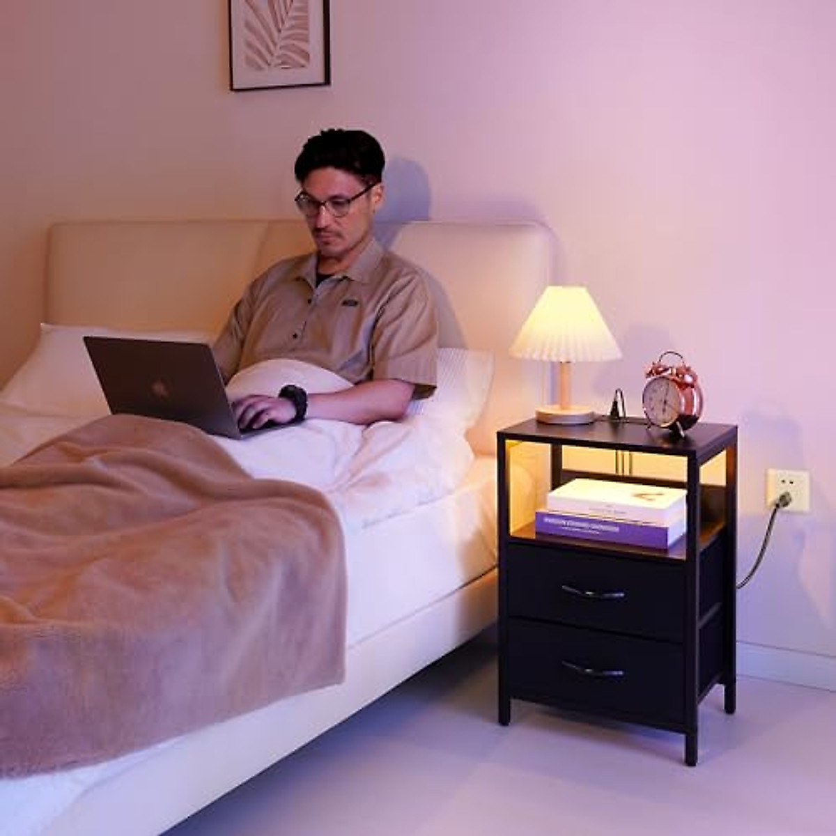 Yoobure Nightstand with Charging Station, LED Night Stand with Fabric Drawers and Storage Shelf for Bedroom, Nightstands Bedside Tables with USB Ports & Outlets, Small Night Stands, Bed Side Table